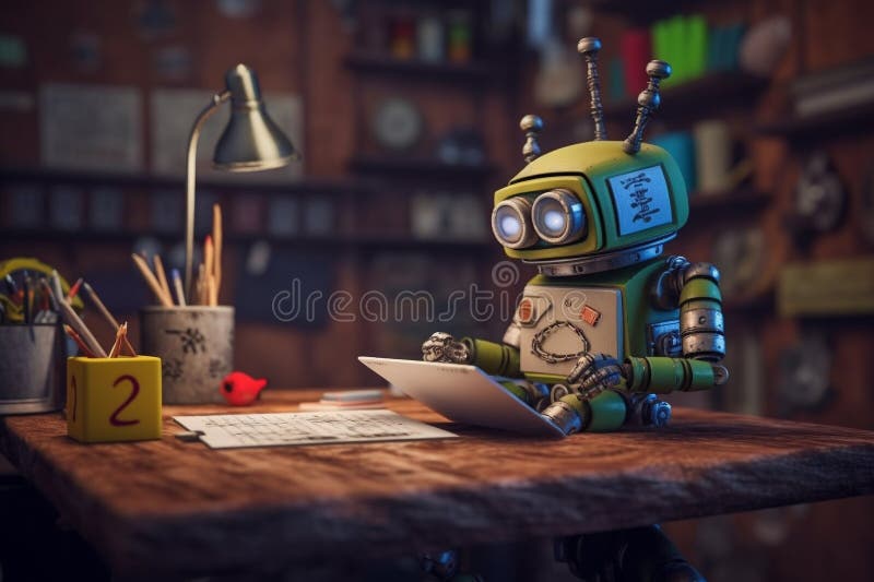 Cute Green Robot Doing Homework Sitting on a Table, Generative AI Stock ...