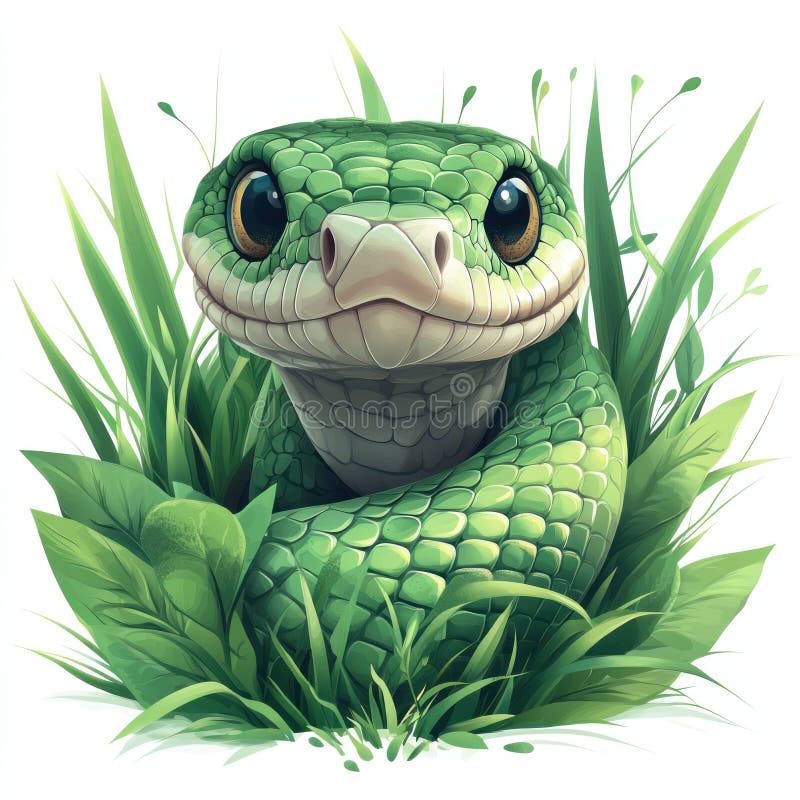 Cute Green Snake Peeking from Grass, Digital Illustration, Nature Scene ...