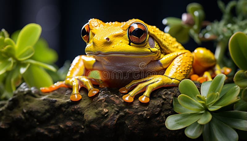 A Cute Green Toad Sitting on a Wet Leaf Generated by AI Stock Image ...