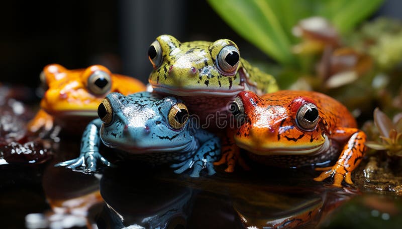 Cute Green Toad Sitting on Wet Leaf Generated by AI Stock Image - Image ...