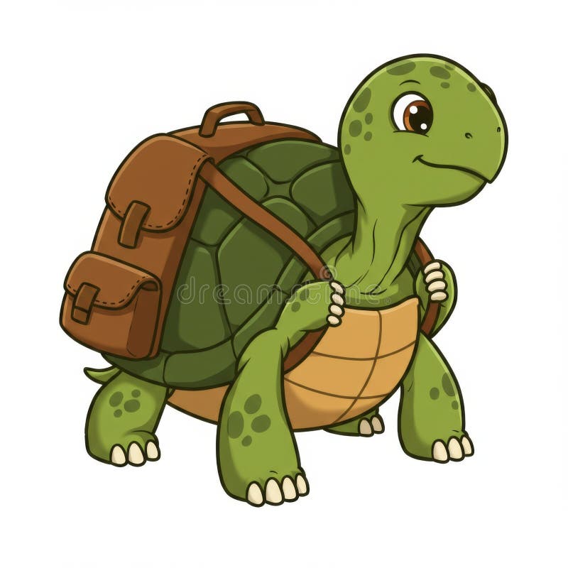 Cute Green Turtle Carrying a Brown Backpack Stock Illustration ...