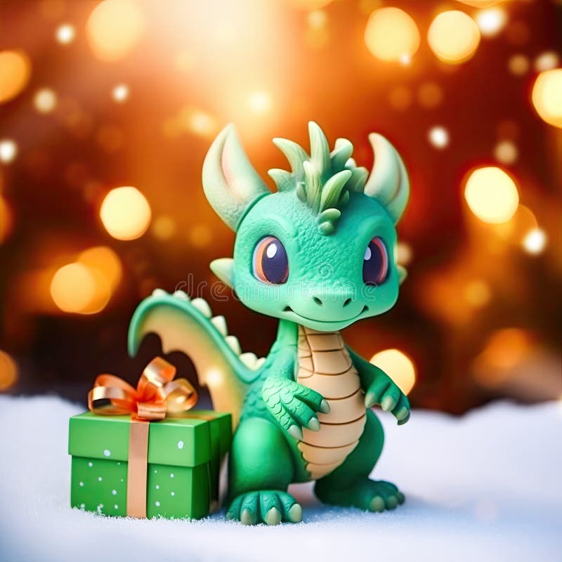 Cute Green Wooden Dragon with Gift Box Stock Image - Image of year ...