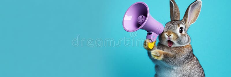 Cute Grey Easter Bunny Rabbit with Open Mouth Holds Loudspeaker ...