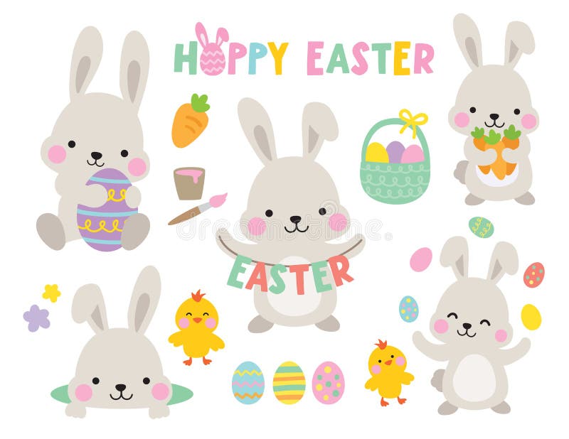 Grey Easter Bunny Rabbits with Chicks and Easter Eggs Vector ...