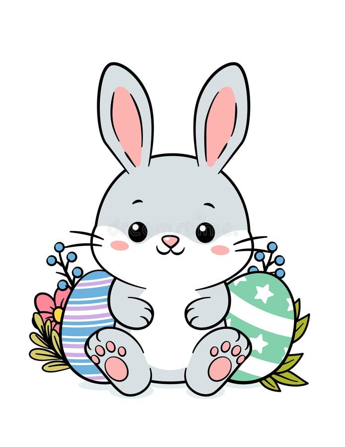 Cute Grey Hand Drawn Baby Easter Bunny Rabbit and Eggs Stock Vector ...