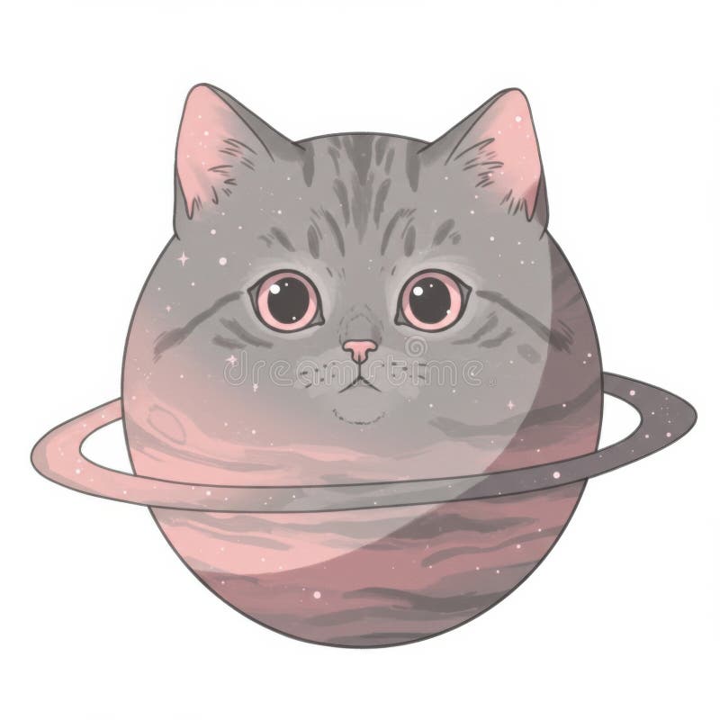 Cute Grey Kitten on Pink Planet with Rings Space Illustration Stock ...