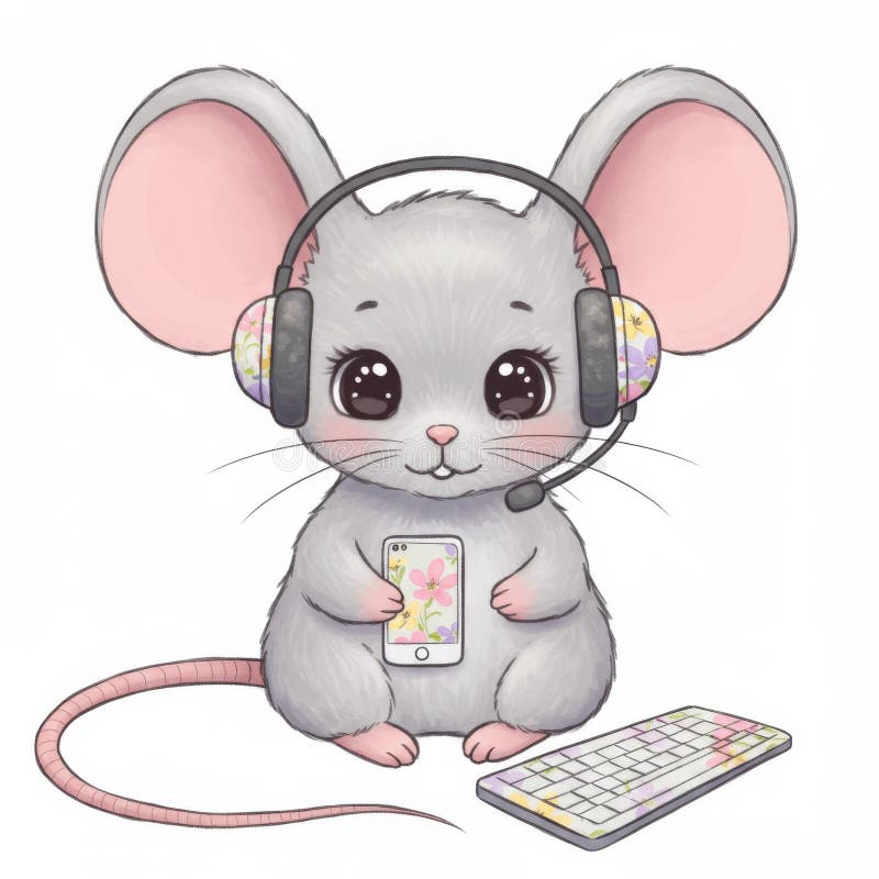 Cute Grey Mouse with Headset and Phone Stock Illustration ...