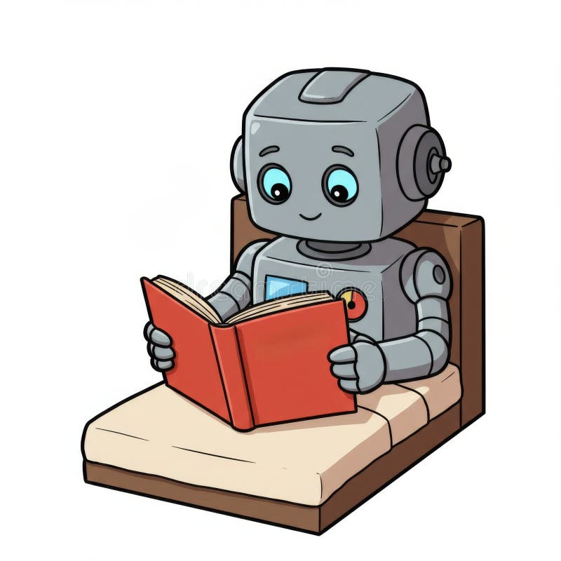 Cute Grey Robot Reading a Red Book in Bed Stock Illustration ...