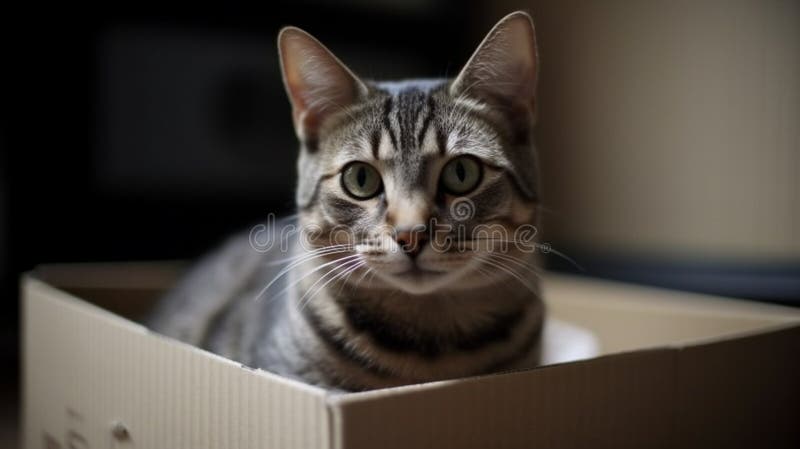 Cute Grey Tabby Cat in Cardboard Box on Floor at Home. Cardboard Box ...