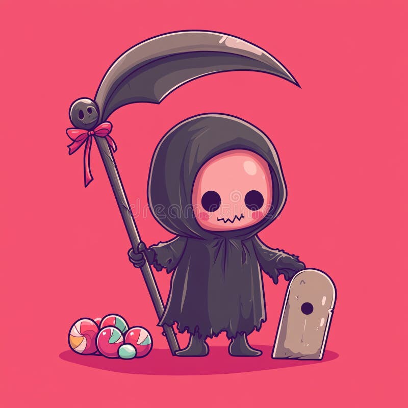 Cute Grim Reaper Cartoon with Pink Background Decorated with Candy and ...