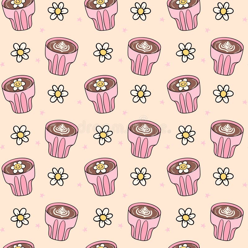 Cute Groovy Retro Coffee Cups Latte Seamless Pattern Isolated on ...