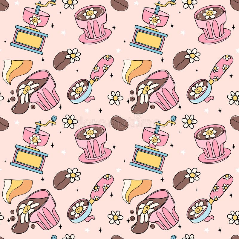 Cute Groovy Retro Coffee Equipment Seamless Pattern Isolated on ...