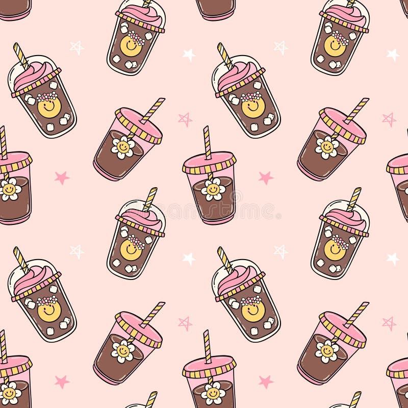 Cute Groovy Retro Iced Coffee Seamless Pattern Isolated on Background ...