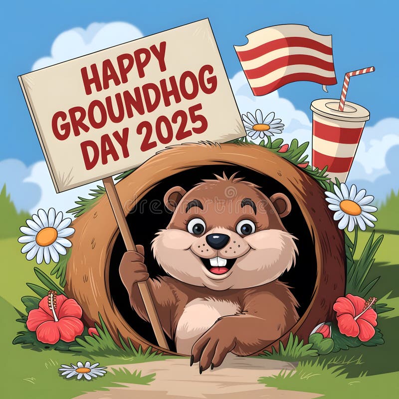 Cute Groundhog Popping from the Burrow, Groundhog Day 2025 Celebration ...