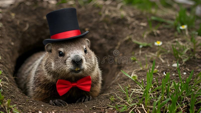 A Cute Groundhog Wearing a Hat and Bowtie Stock Image - Image of ...