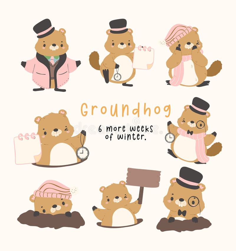 Cute Groundhog in Winter Clothes Set Cartoon Hand Drawing, Happy ... Cute Groundhog in Winter Clothes Set Cartoon Hand Drawing, Happy ...