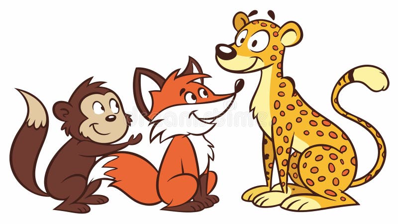 Cute Group of Animal Friends Fox, Monkey, and Leopard Vector, Vector ...