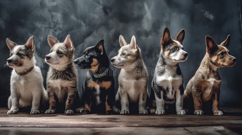 Cute Group of Dogs Sit in Row and Pose Looking at Camera. Generative AI ...