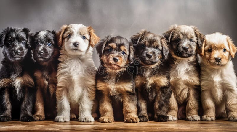Cute Group of Dogs Sit in Row and Pose Looking at Camera. Generative AI ...