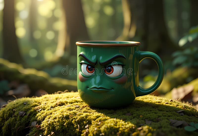 Cute Grumpy Mug in Mossy Forest Setting Stock Illustration ...