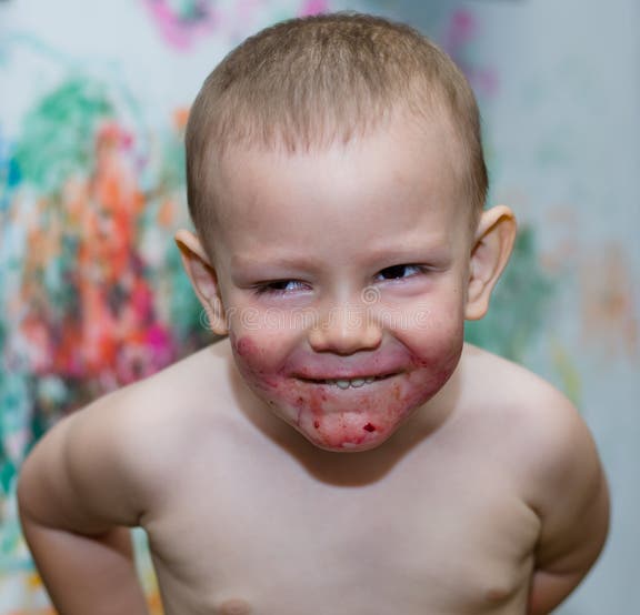 Cute Guilty Looking Little Boy Stock Photo - Image of stained, face ...