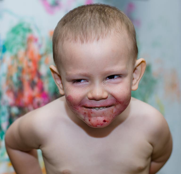 Cute Guilty Looking Little Boy Stock Photo - Image of stained, face ...