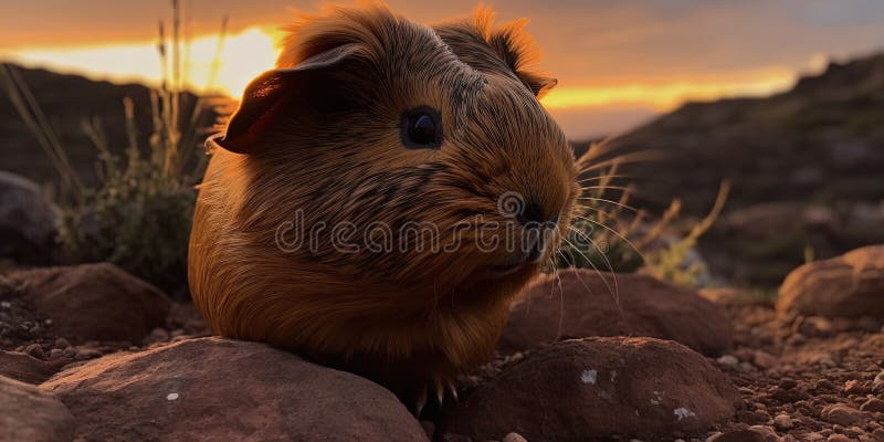 Cute Guinea Pig on a Ground at Sunset, Close Up Stock Photo - Image of ...