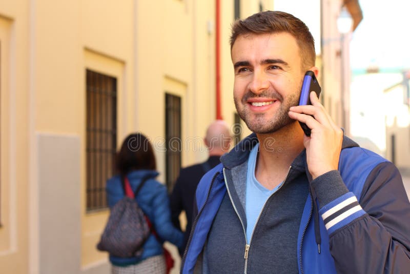 Cute Guy Calling by Phone Outdoors Stock Image - Image of caucasian ...