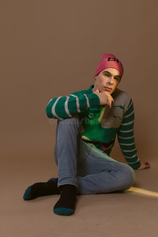 Cute Guy in Hipster Clothes 90s Posing in Studio Stock Photo - Image of ...