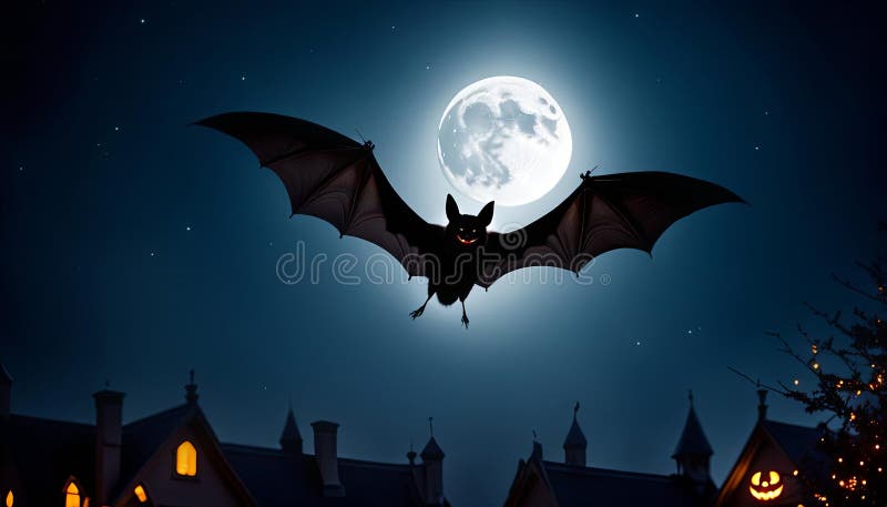 Cute Hallloween Bat on a Full Moon Night with Copy Space Stock ...