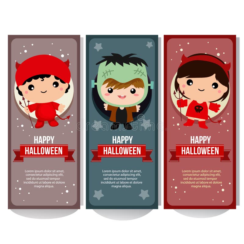 Halloween Banner Collection with Devil Costume Kids Stock Vector ...