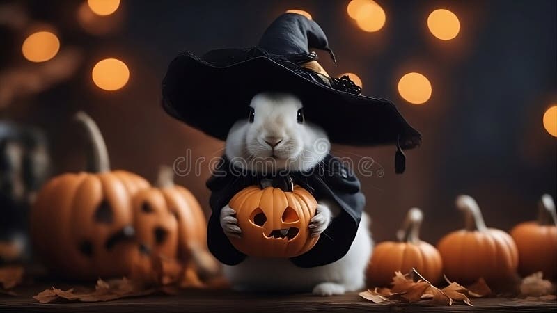 Cute Halloween Bunny Witch on a Pumpkin, Eating a Jack-o-lantern Ai ...