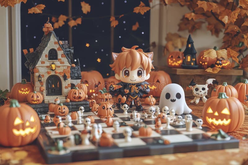 Cute Halloween Chess Characters: Fluffy Ghost Queens and Pumpkin Pawns ...