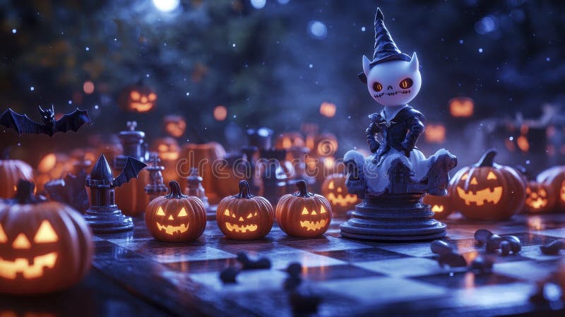 Cute Halloween Chess Characters: Fluffy Ghost Queens and Pumpkin Pawns ...