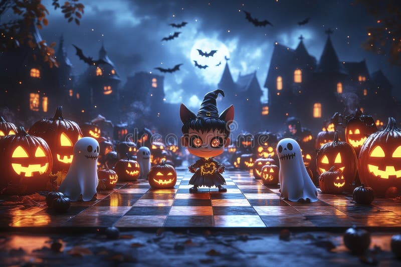 Cute Halloween Chess Characters: Fluffy Ghost Queens and Pumpkin Pawns ...