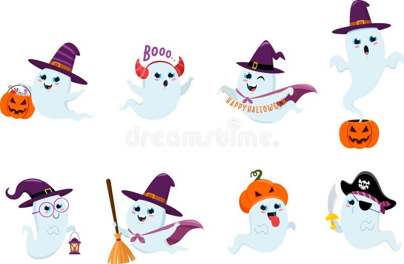 Cute Halloween Ghost Cartoon Characters. Vector Flat Design Collection ...
