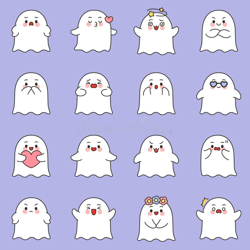 Cute Halloween Ghost Expressions Cartoon Vector Set on Violet ...