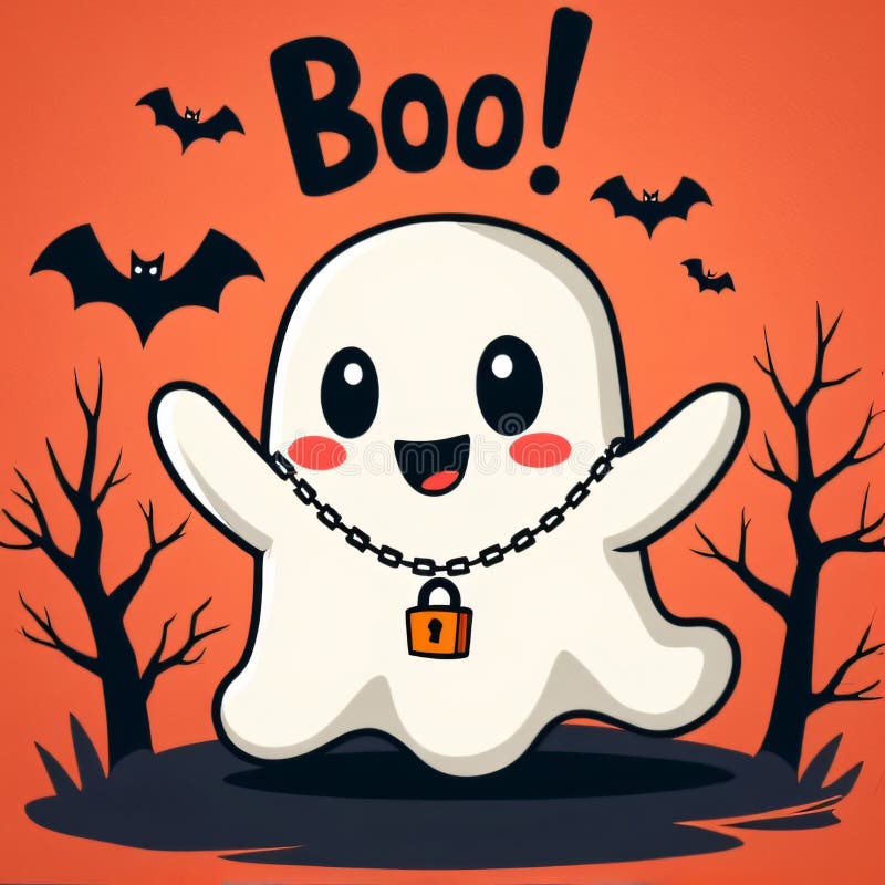 Cute Halloween Ghost with Lock and Key Vector Illustration Stock ...