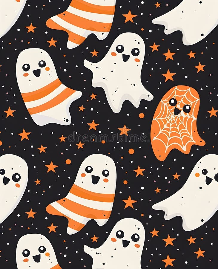 Cute Halloween Ghost Pattern with Smiling Characters Stock Illustration ...