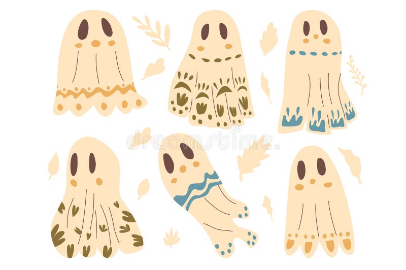 Cute Halloween Ghost Set with Rustic Pattern. Vector Hand Drawn ...