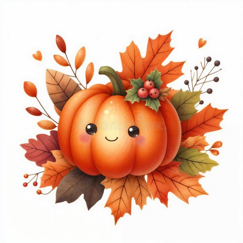 Cute Halloween Pumpkin with Autumn Leaves on White Background. AI Stock ...