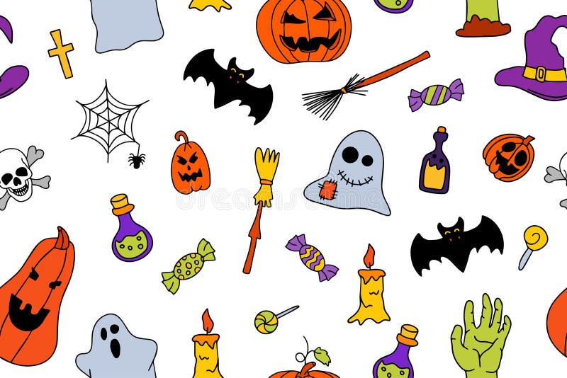 Cute Halloween Seamless Pattern with Spider Web, Ghosts and Pumpkins ...
