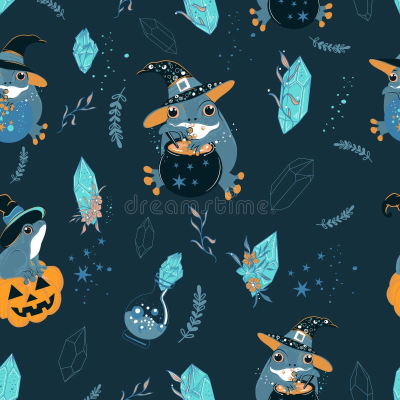 Cute Halloween Vector Pattern with Cartoon Frog Wizard and Magic ...