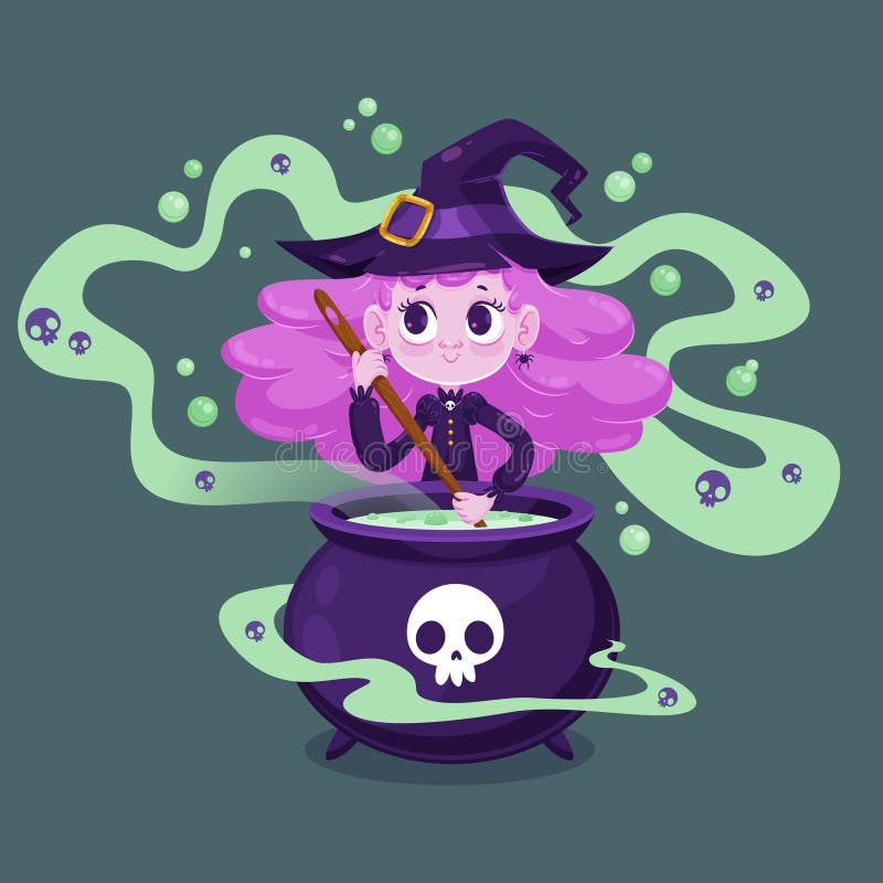 Cute Halloween Witch Making Spell Design Illustration Stock Vector ...