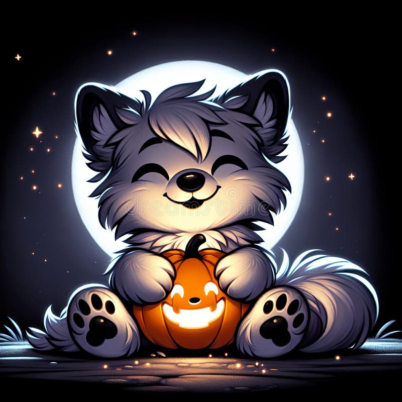 Cute Halloween Wolf with Pumpkin Stock Illustration - Illustration of ...