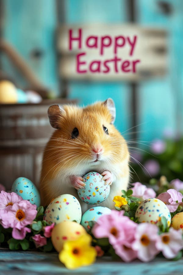 Cute Hamster with Easter Eggs Surrounded by Colorful Spring Flowers ...
