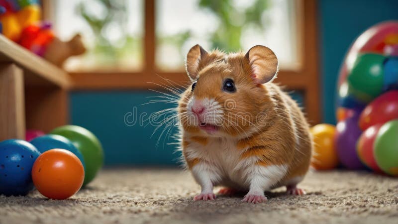 Adorable Hamster Playing with Colorful Balls in Playroom Stock ...