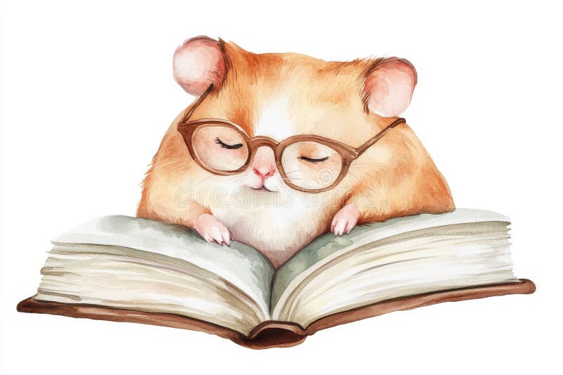 Adorable Hamster Reading a Book in Watercolor Illustration Stock ...