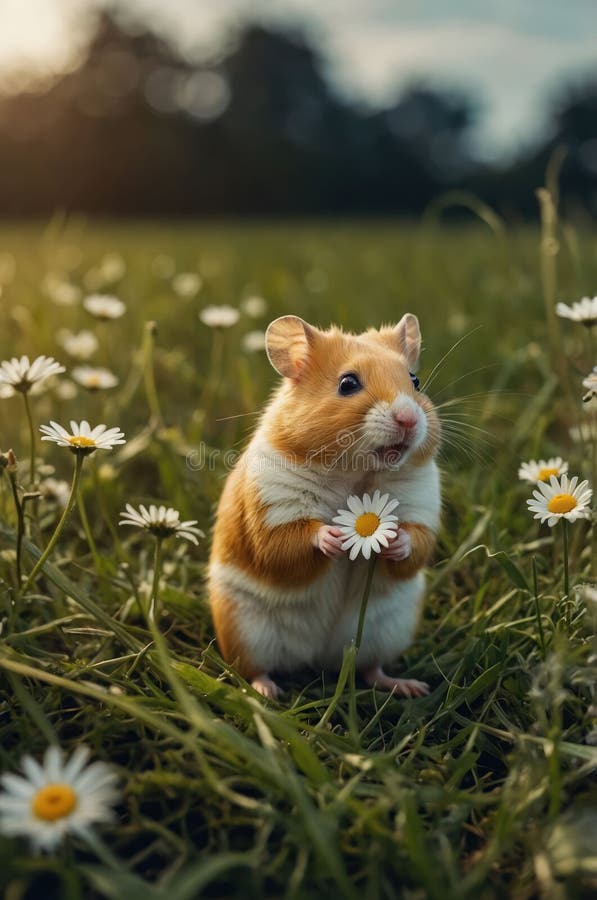 Adorable Hamster Holding Daisy in a Flower Meadow Stock Illustration ...