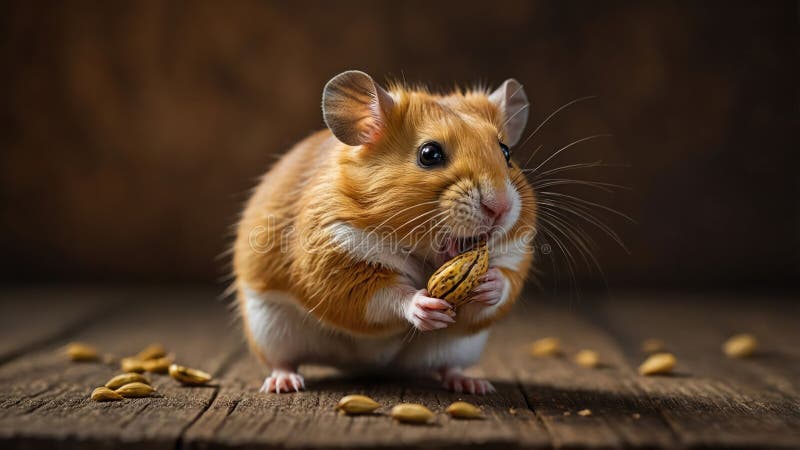A Cute Hamster Holding a Seed on a Wooden Surface with Scattered Seeds ...